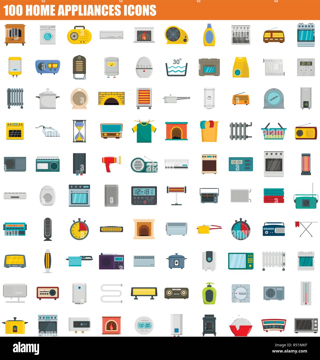 100 home appliances icon set. Flat set of 100 home appliances vector ...