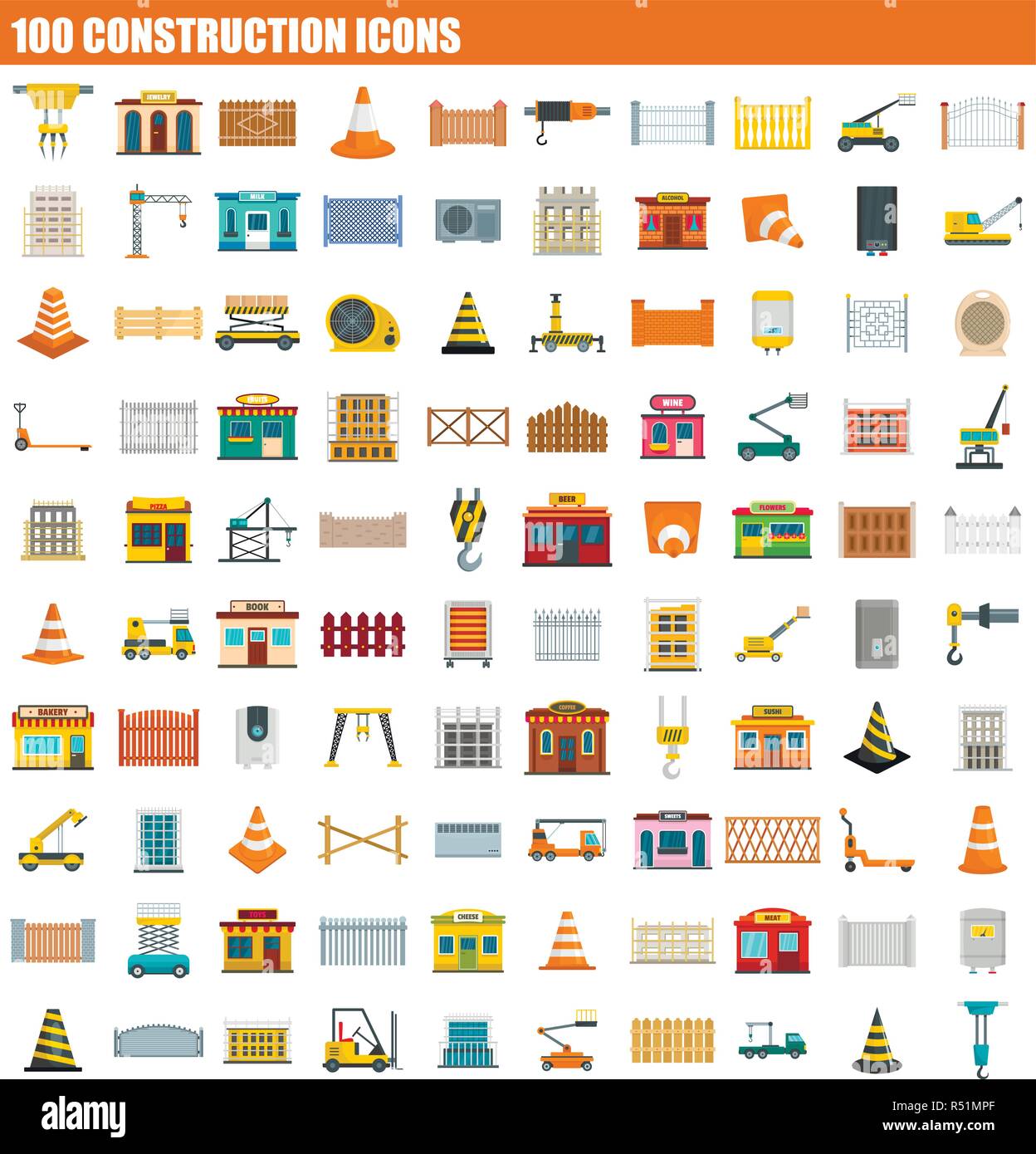 100 construction icon set. Flat set of 100 construction vector icons ...