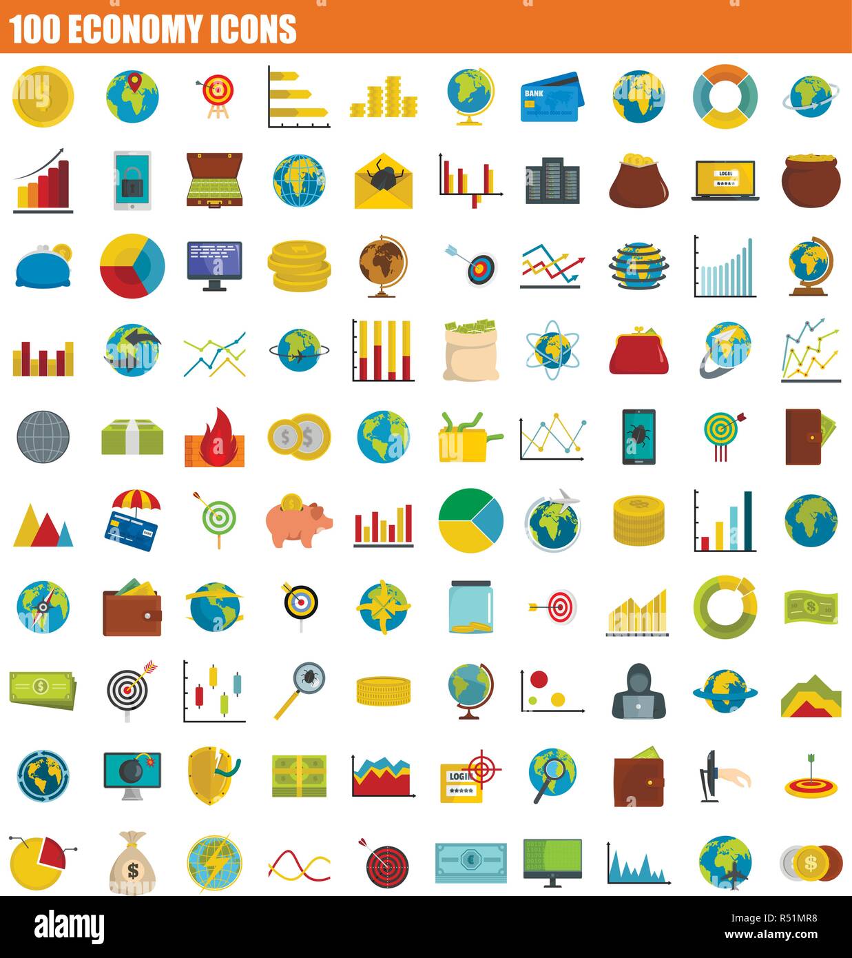 100 economy icon set. Flat set of 100 economy vector icons for web ...