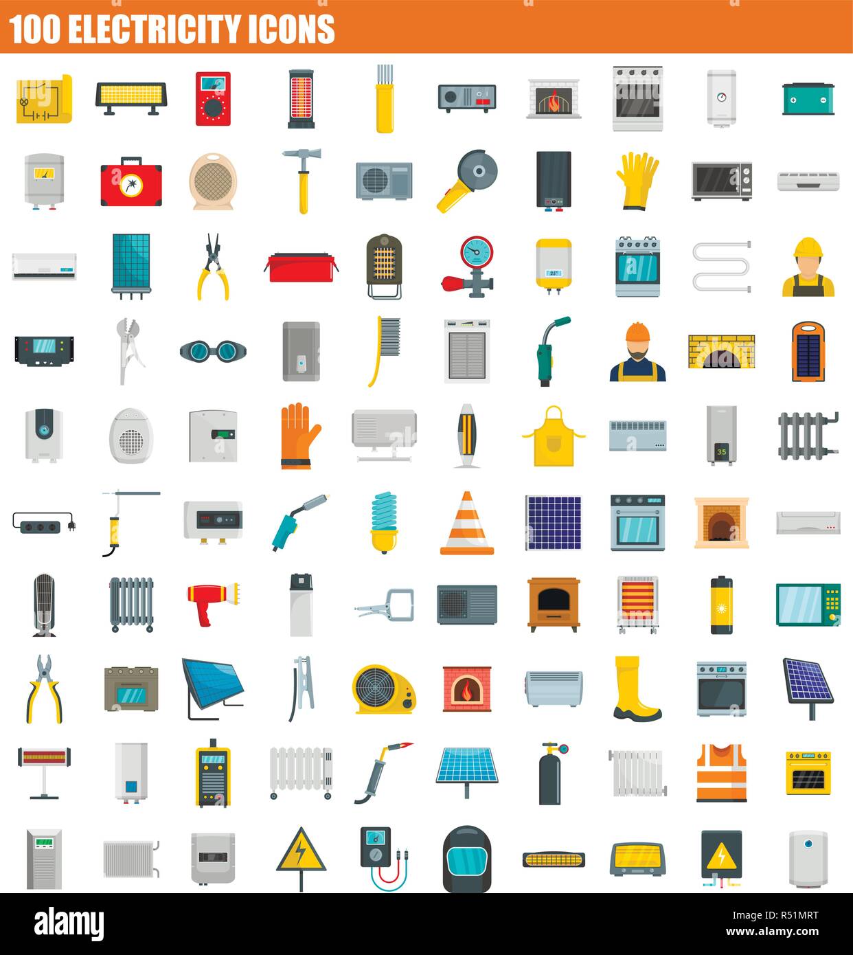 100 electricity icon set. Flat set of 100 electricity vector icons for ...