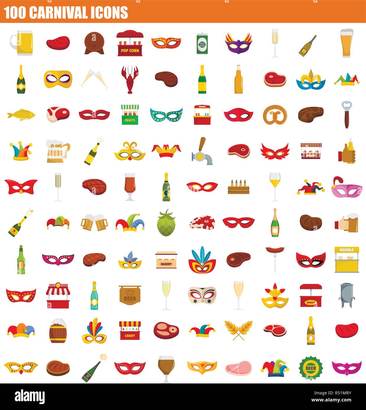 100 carnival icon set. Flat set of 100 carnival vector icons for web ...