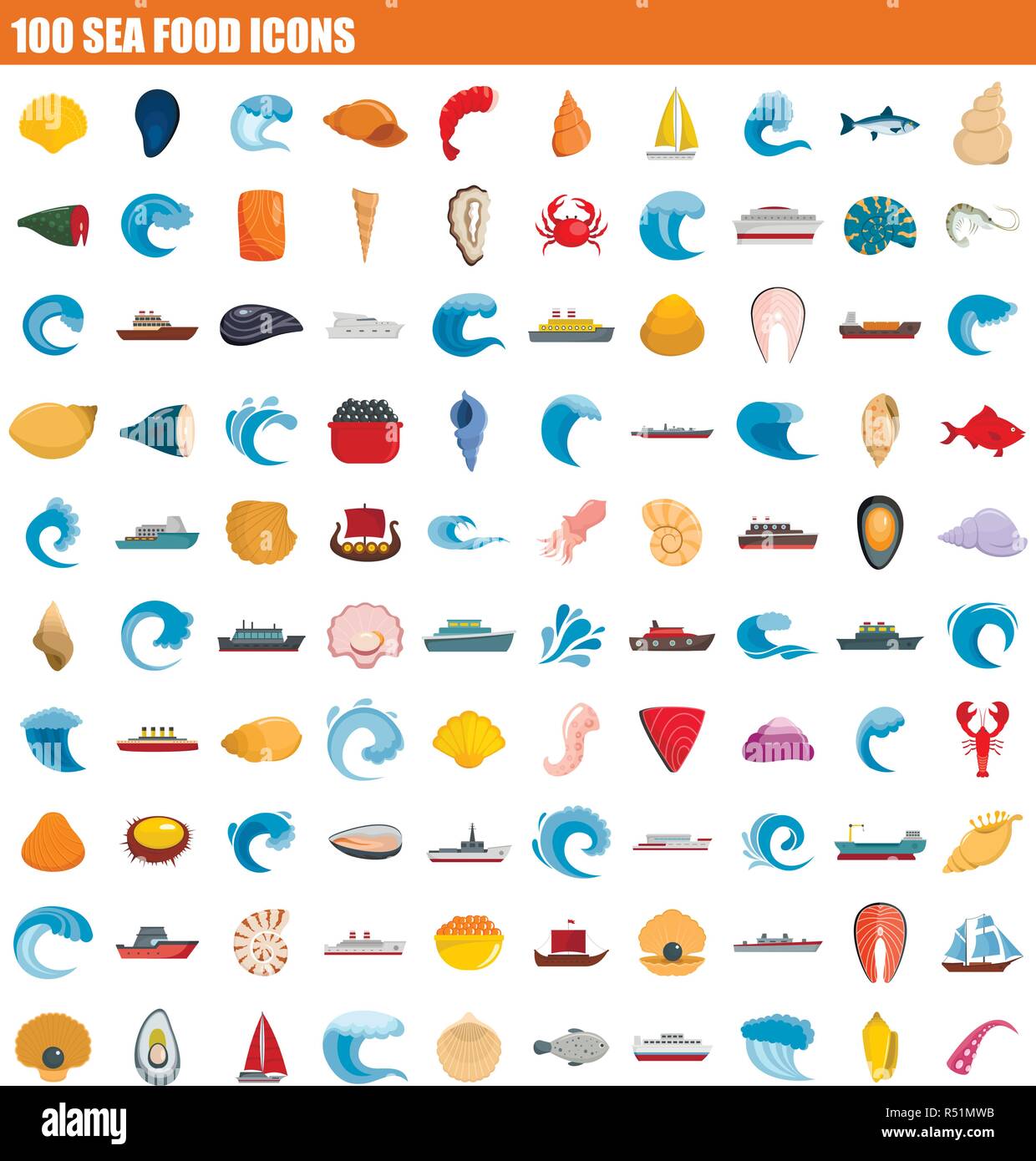 100 sea food icon set. Flat set of 100 sea food vector icons for web ...