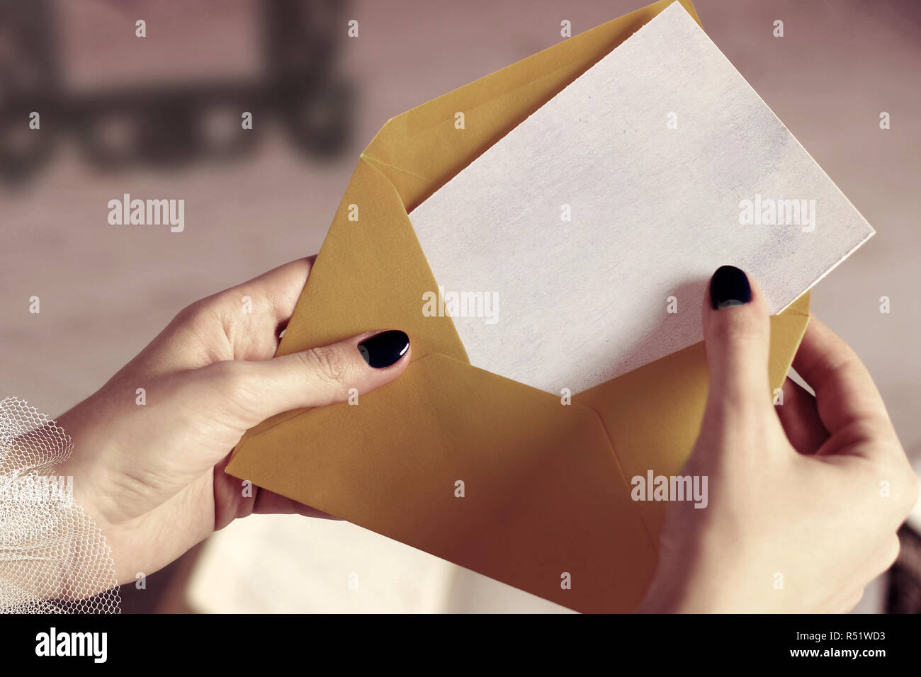 Closeup of Woman Hand Opening Envelope with Mockup Business Card, Blank ...