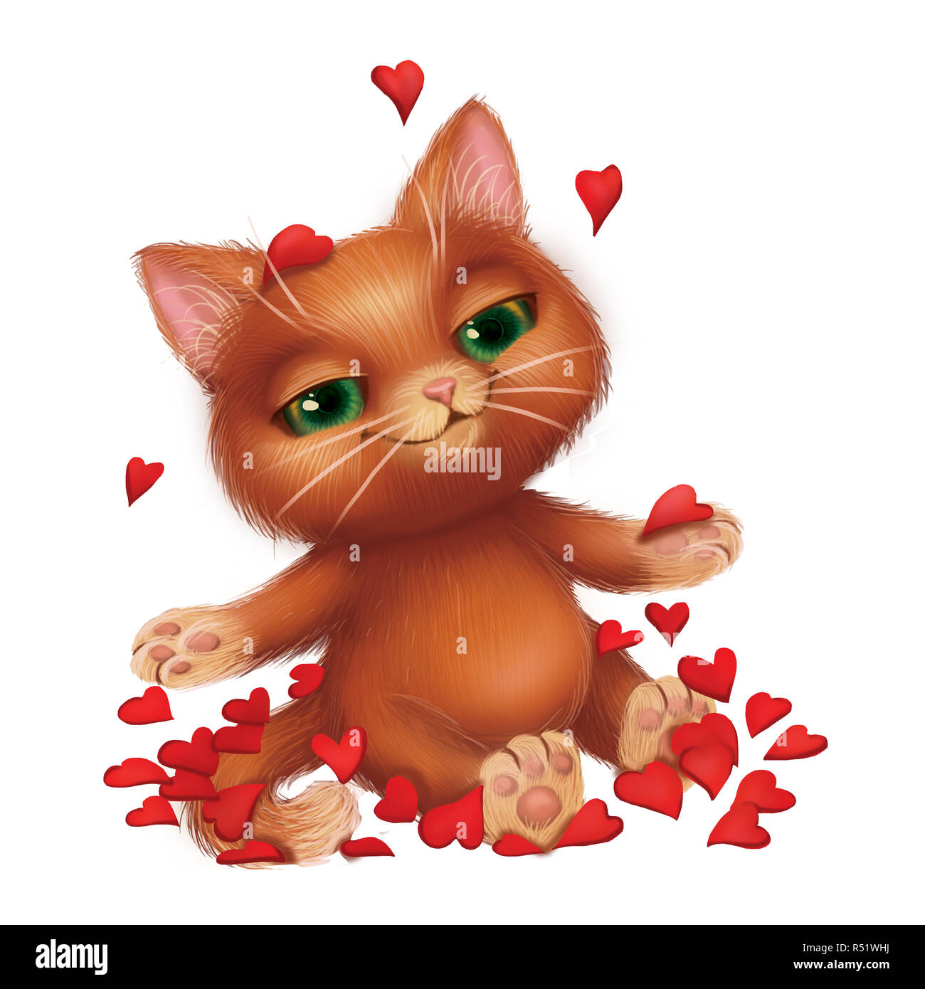 Cute Smiling Kitten in Love Amid Red Rose Petals - Hand-Drawn Cartoon ...