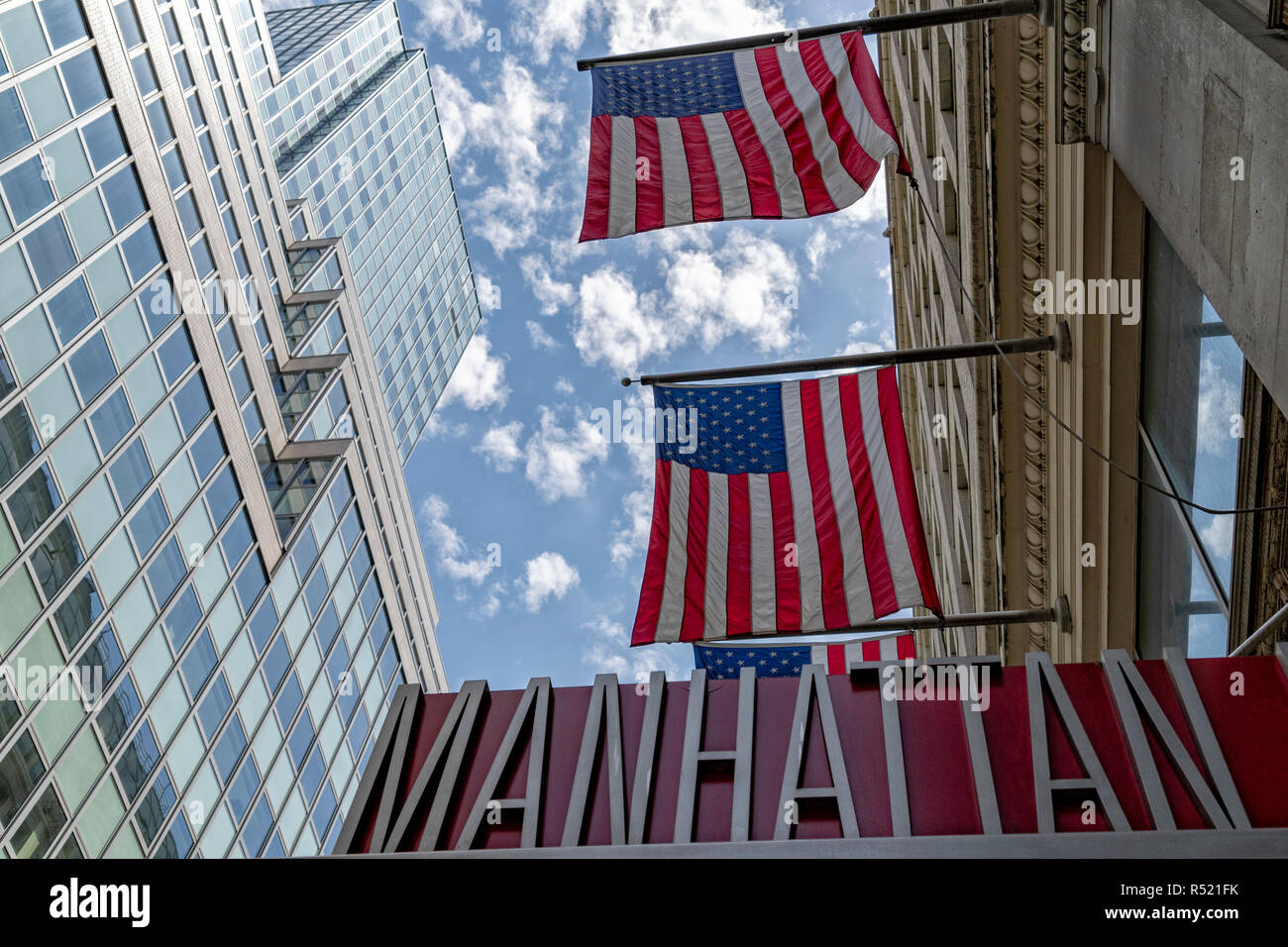 new york usa manhattan sign red on building with american star and ...