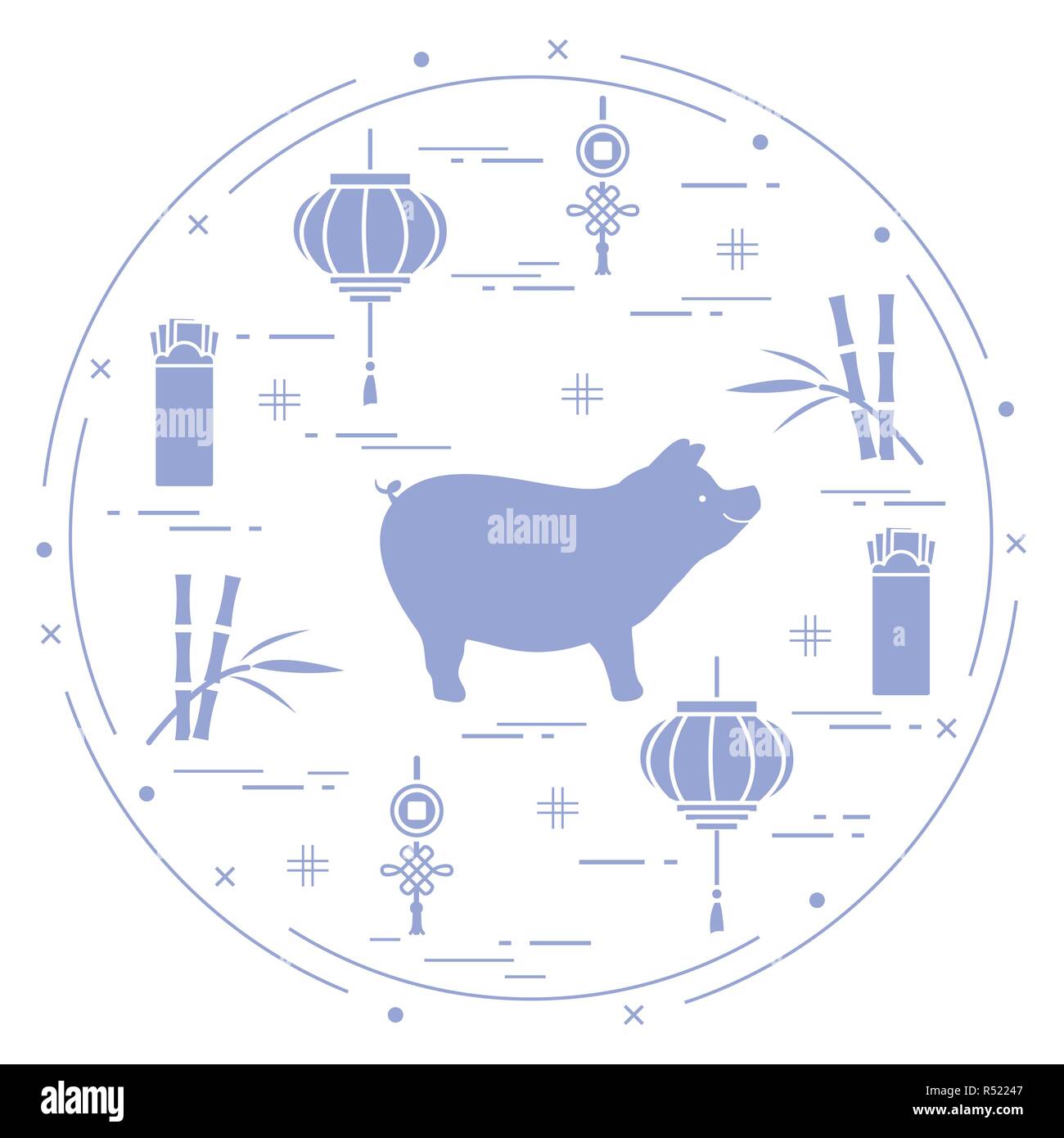 Happy New Year 2019 card. Chinese New Year symbols. Pig, lantern ...