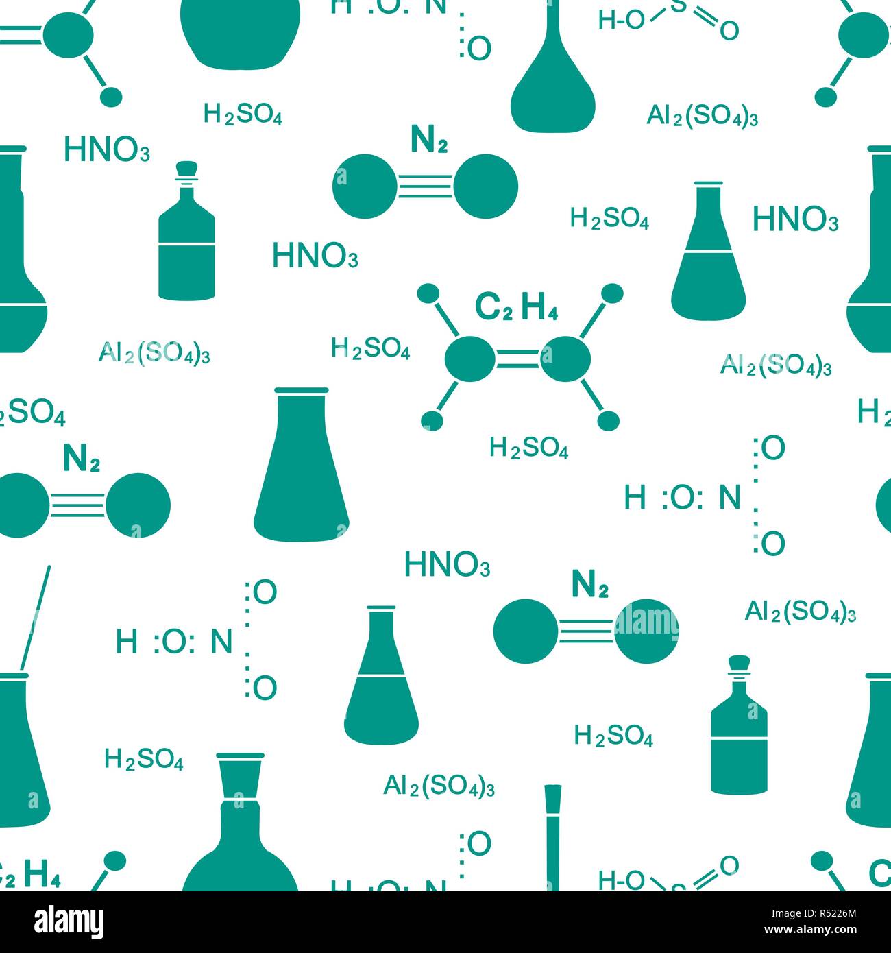 Scientific vector seamless pattern with flasks, beakers, molecule ...