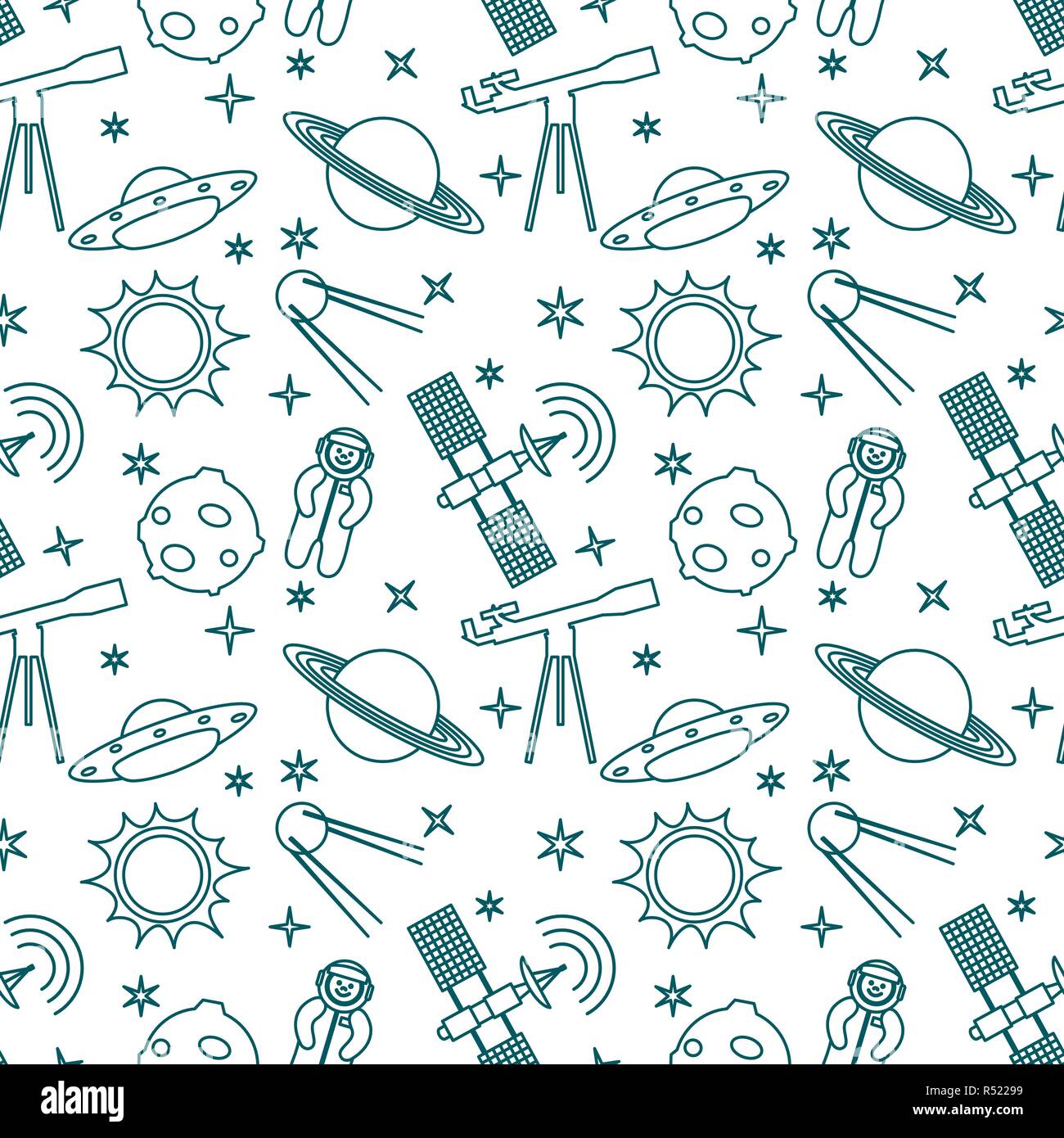 Seamless pattern with telescope, UFO, satellite, planets, astronaut ...