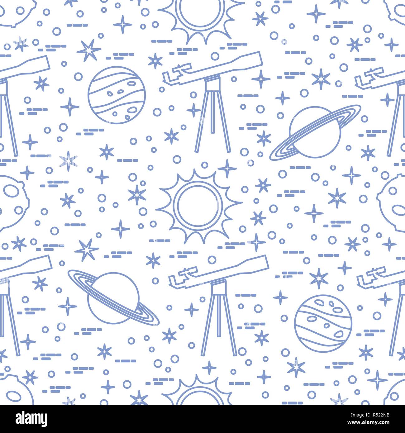 Seamless pattern with telescope, sun, planets, stars. Space exploration ...