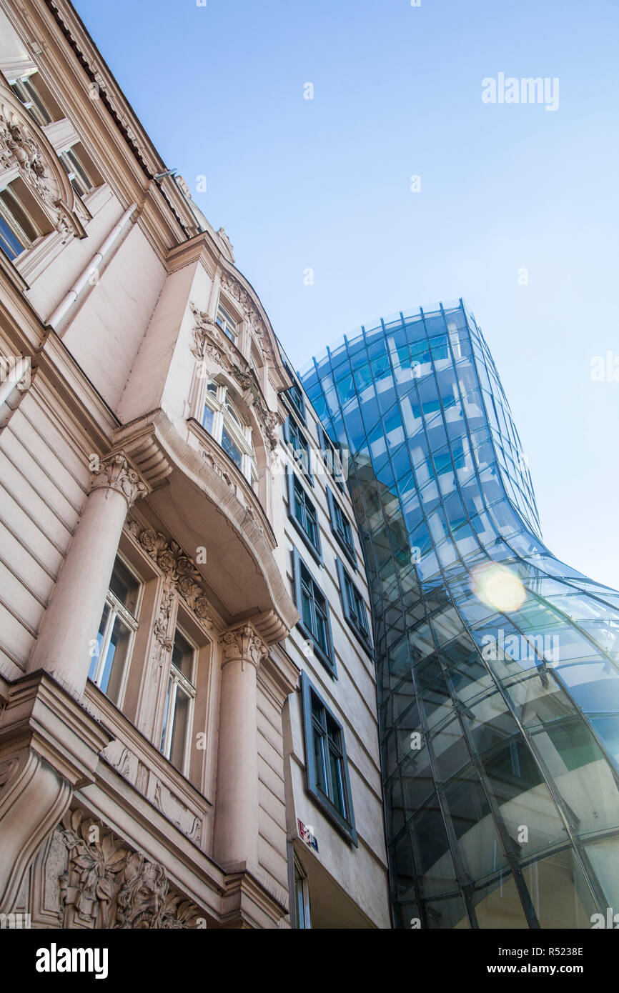 An upwards view to a facade of a famous Dancing house in Prague Stock ...