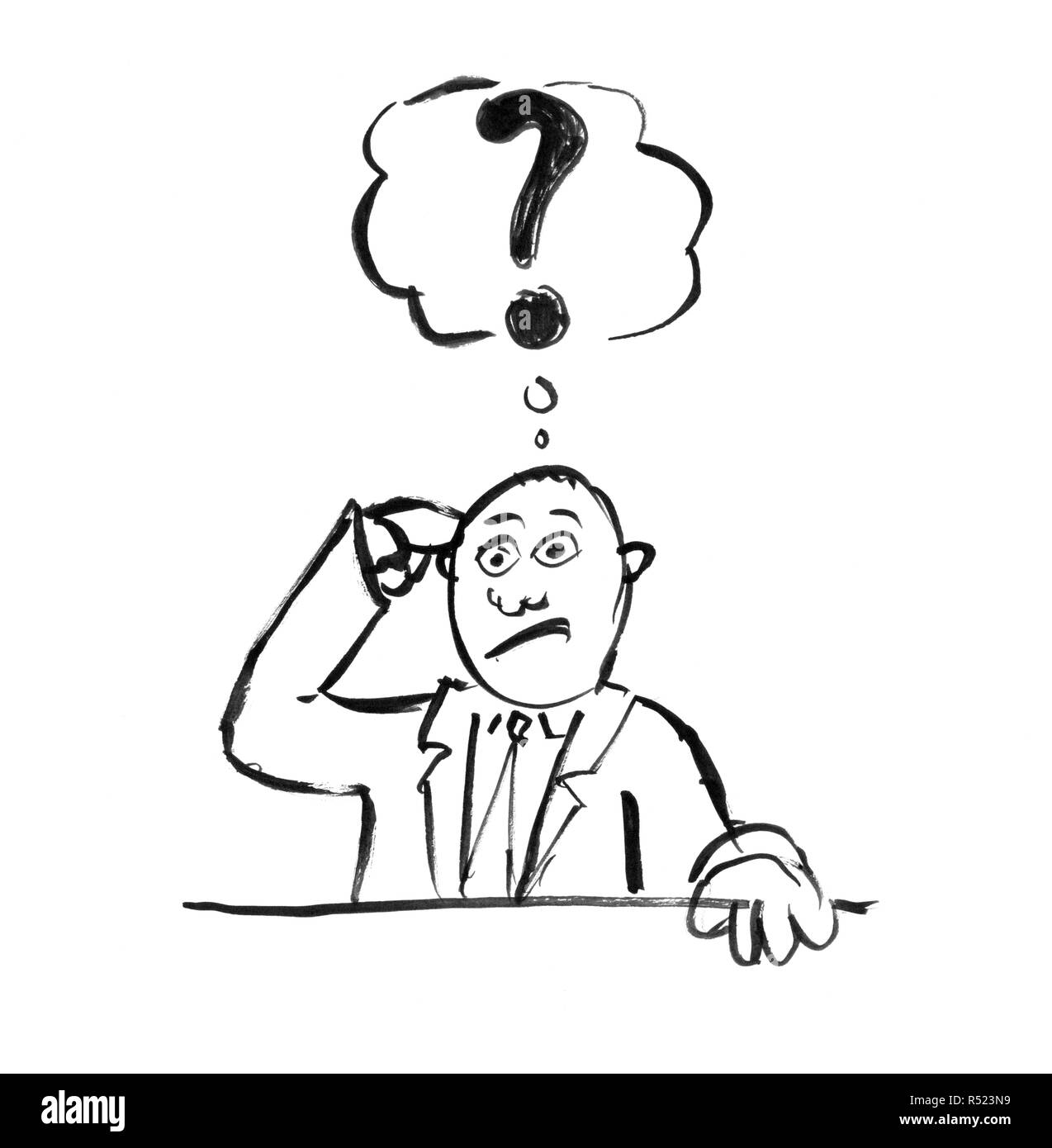 Black Ink Hand Drawing of Confused Businessman Thinking About Problem ...
