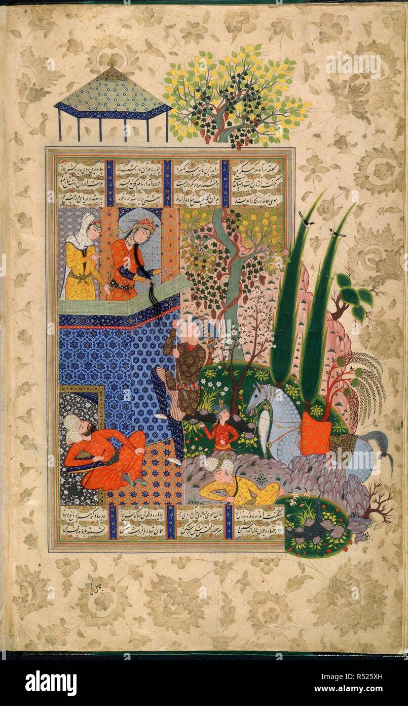 Zal at Rudaba's balcony. Shahnama. Kazvin, Iran, c.1590-1595. Rudaba ...