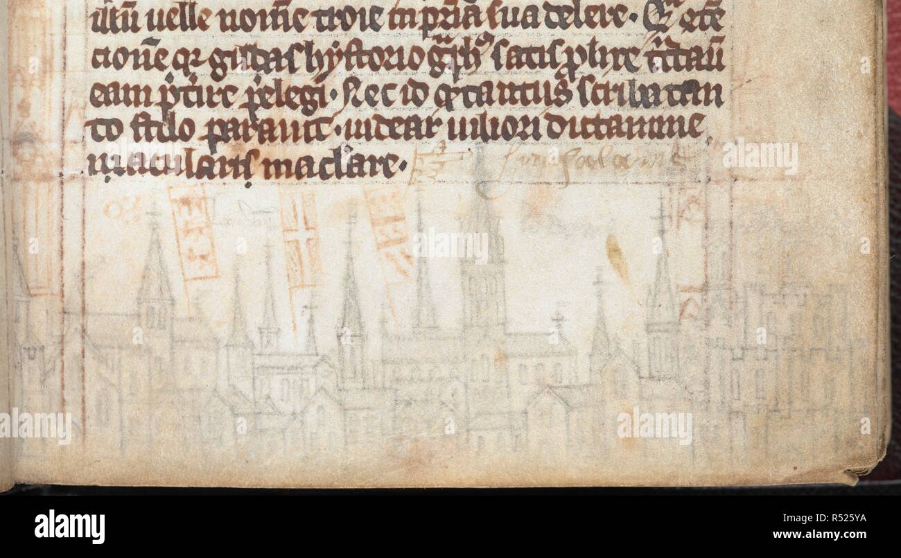 Detail of a drawing of the skyline of the city of London. Historia ...