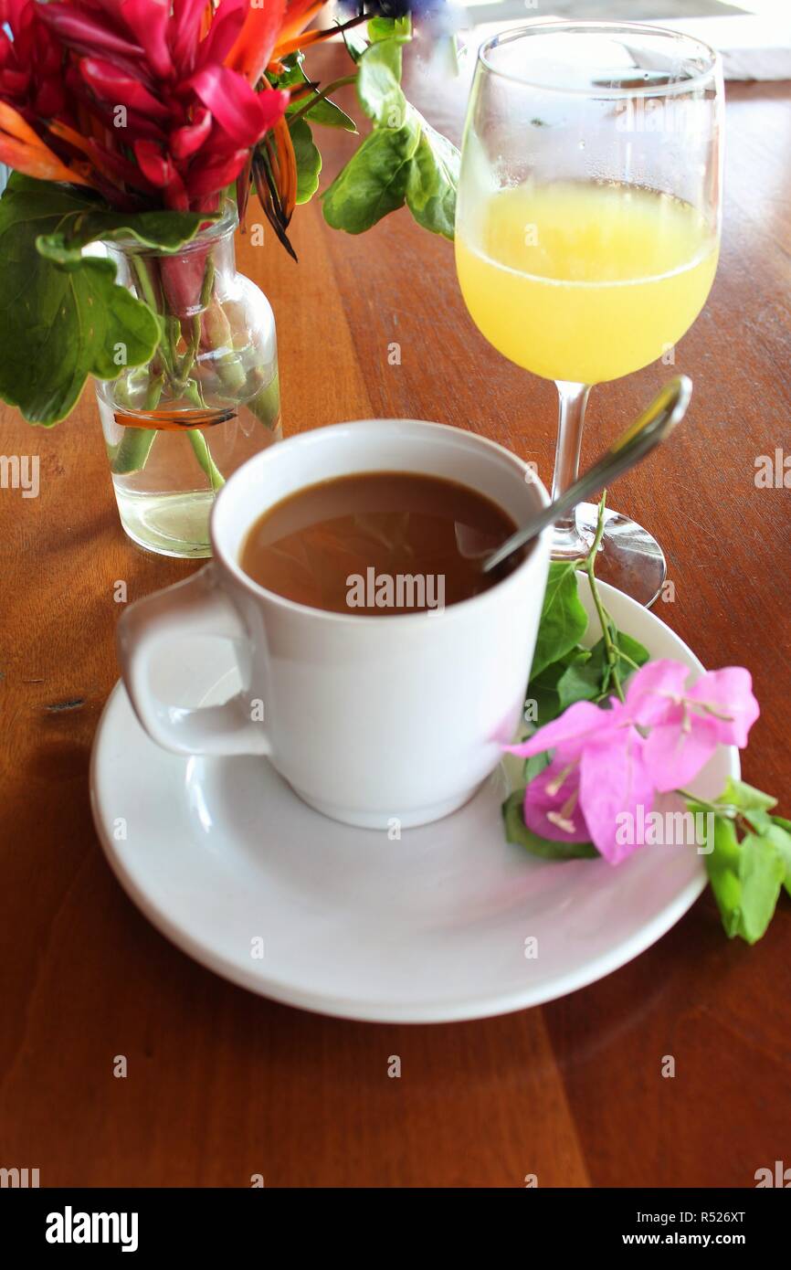 Morning coffee with mimosa and flowers on vacation Stock Photo - Alamy