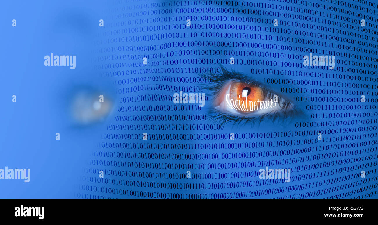 stylized person's face with the imposition of binary code with reflect ...
