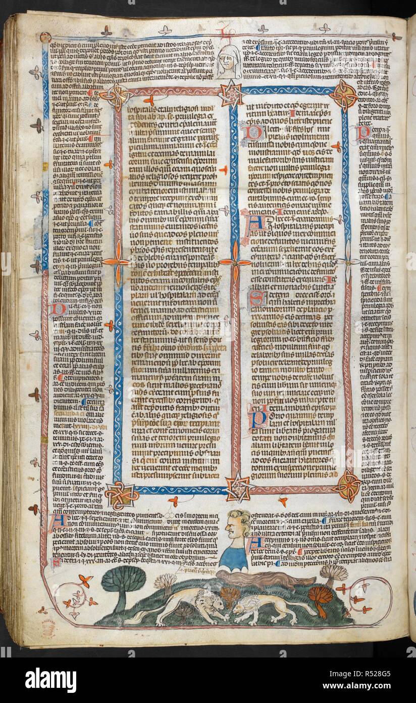 A bas-de-page scene of two lions facing each other near the prostrate ...