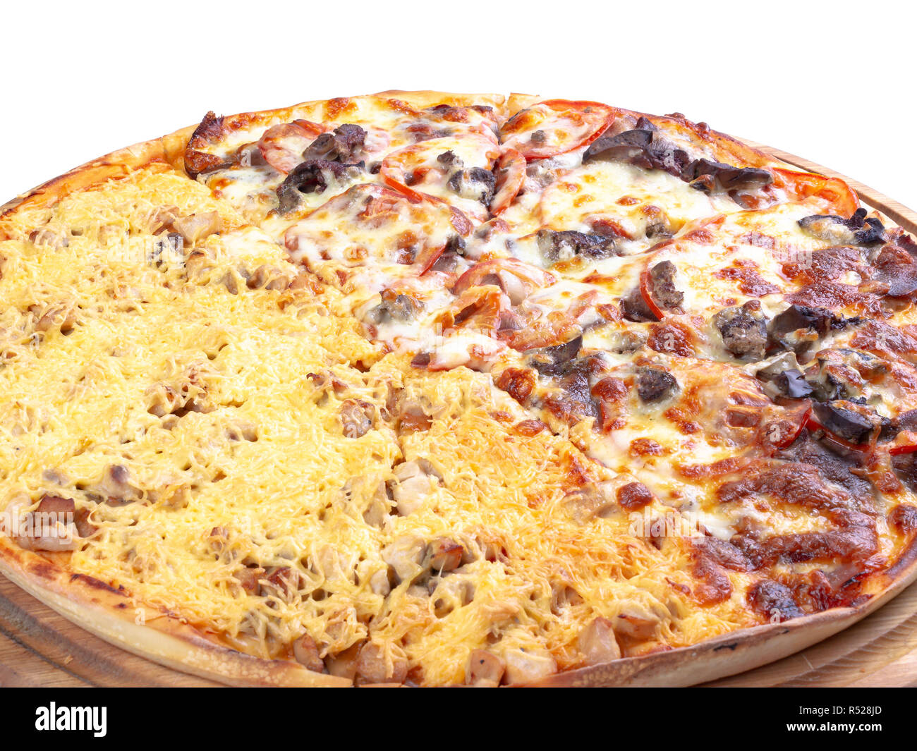 double topping pizza for couples on the wooden desk isolated close up ...