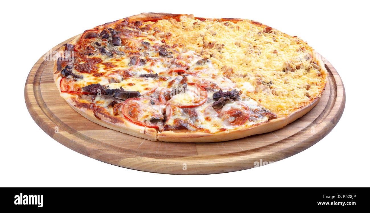 double topping pizza for couples on the wooden desk isolated. three ...