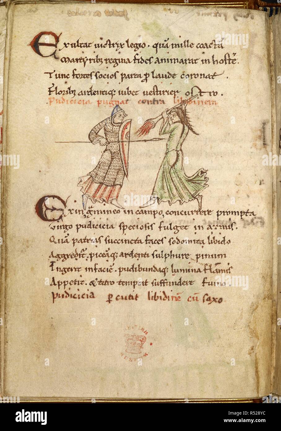 A soldier wearing chain-mail fighting a woman bearing a fiery weapon ...