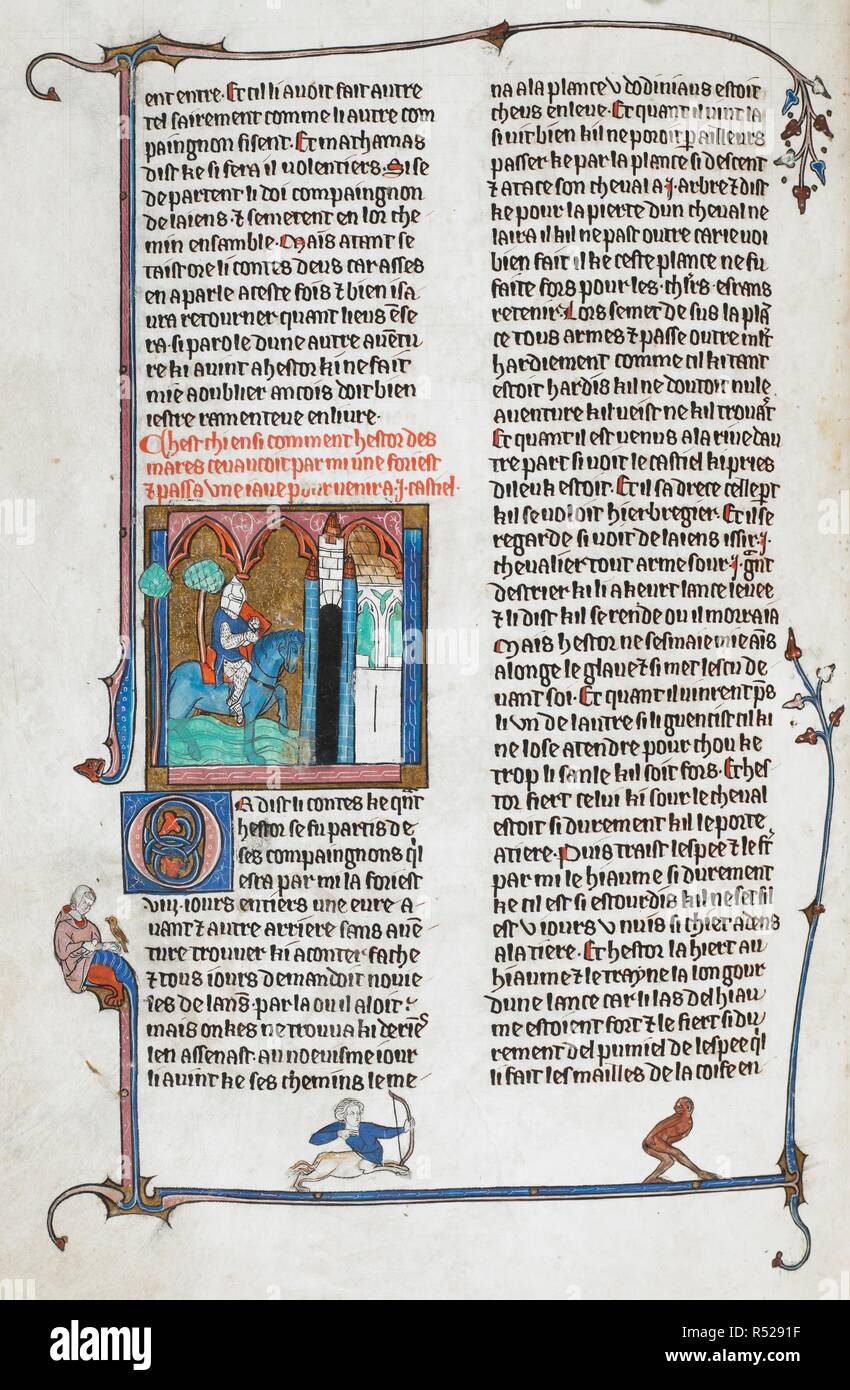 Hector rides through water to a castle. Text, with borders. Lower ...