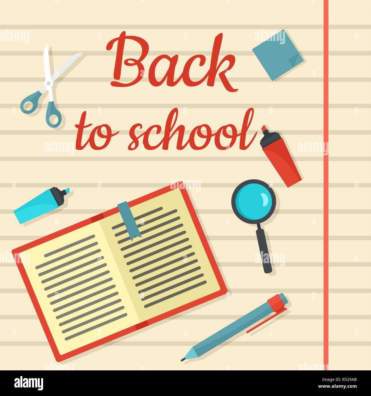 Back to school notebook background. Flat illustration of back to school ...