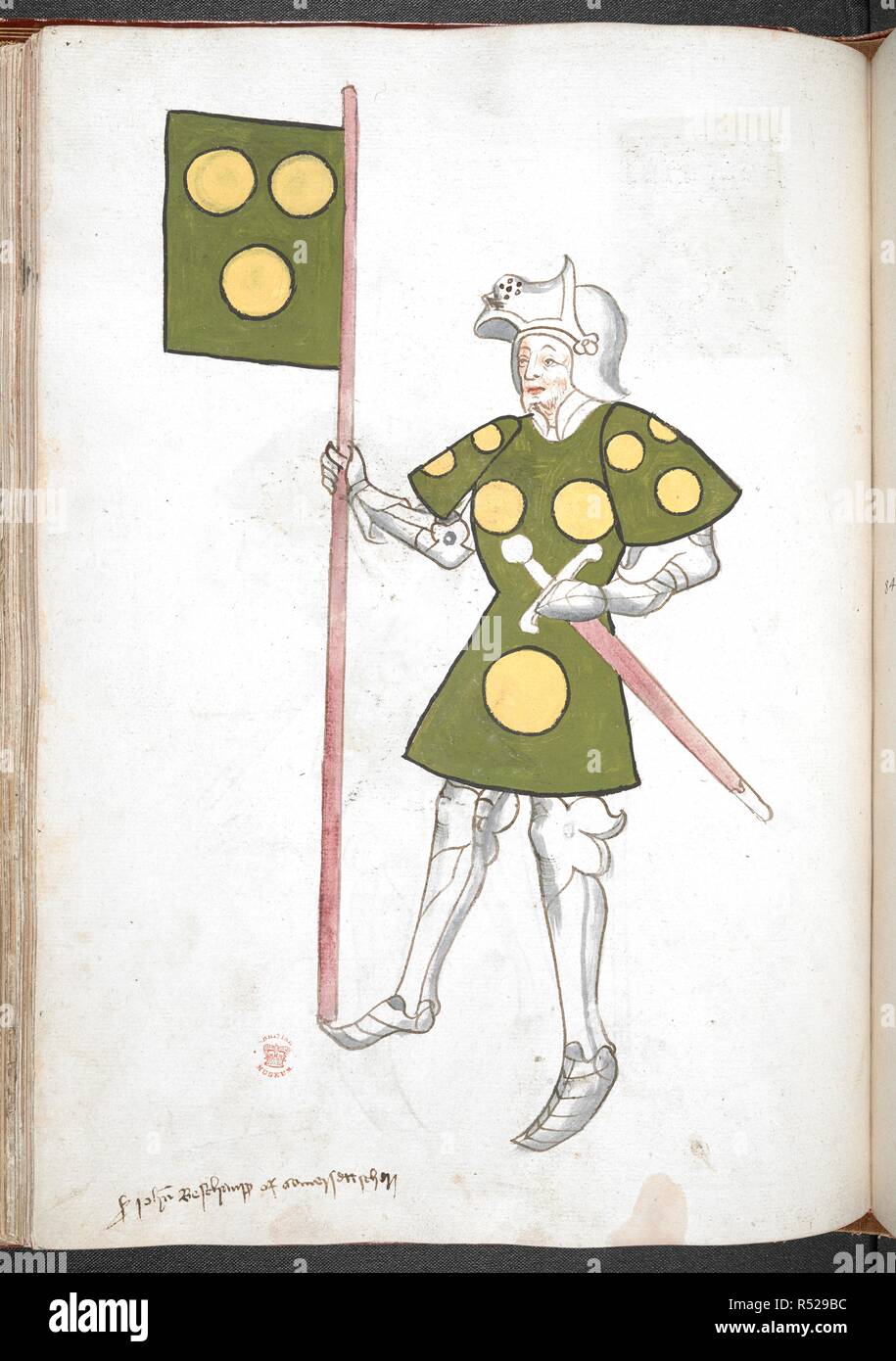 Knight, in armour and tabard, holding a sword and a standard with ...