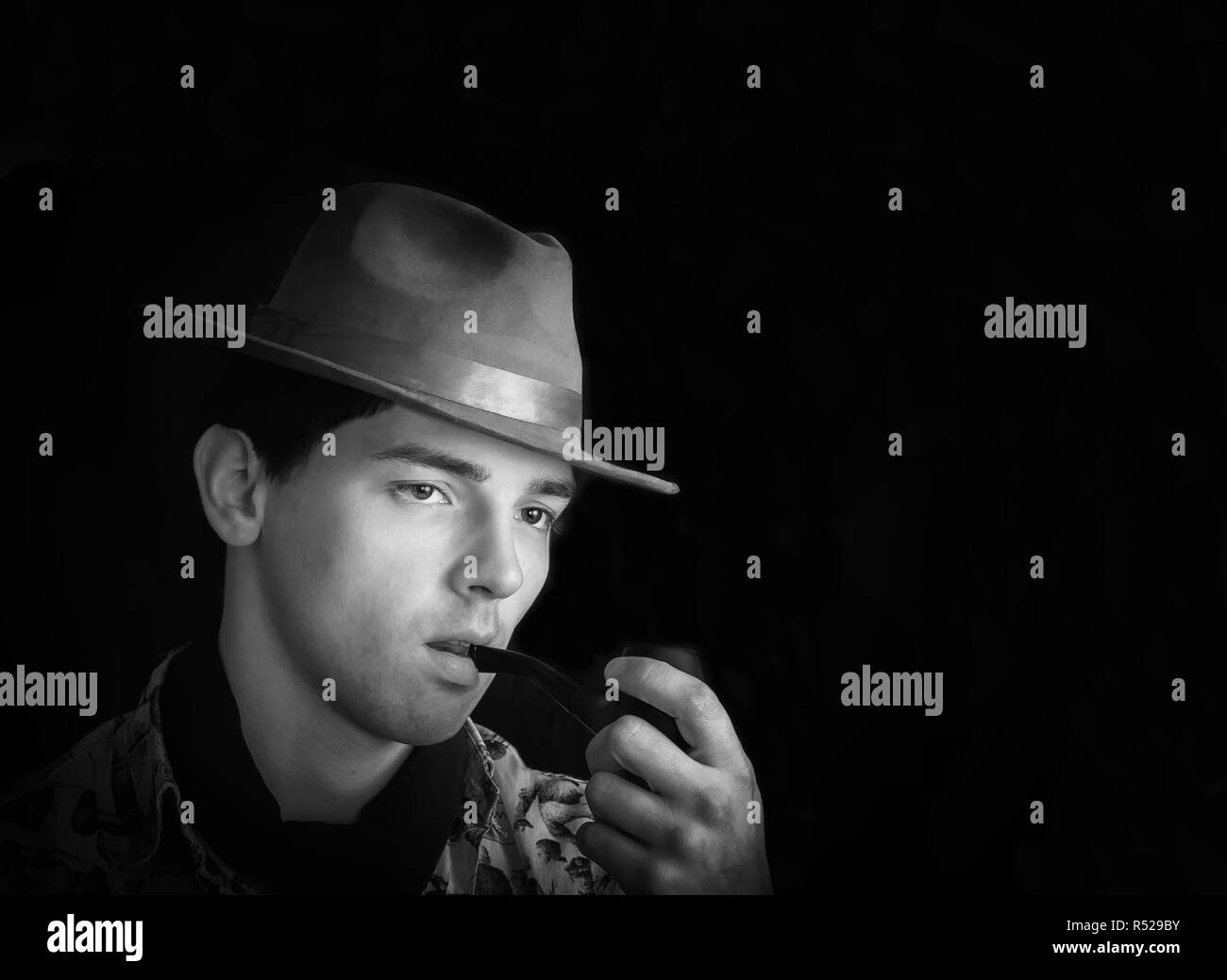 Black And White Vintage Portrait Of A Man With Pipe Stock Photo - Alamy