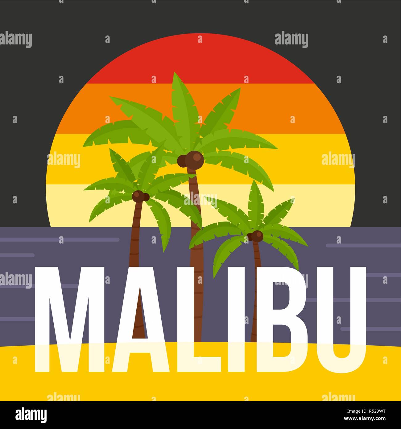 Sunset palm tree malibu beach background. Flat illustration of sunset ...
