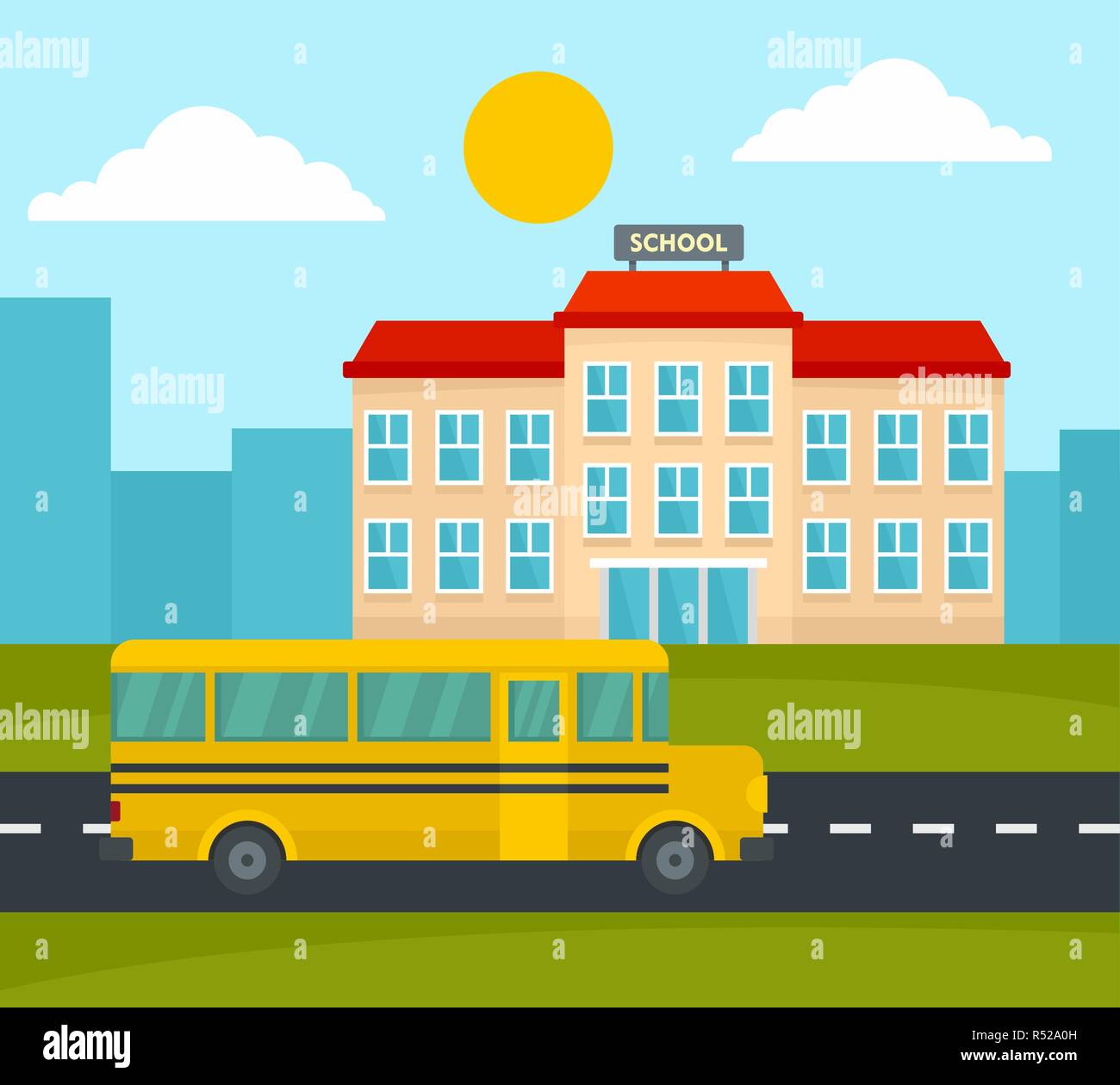 School bus driving to school background. Flat illustration of school ...
