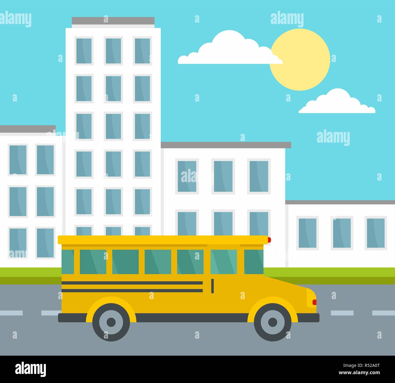 School bus driving school background. Flat illustration of school bus ...