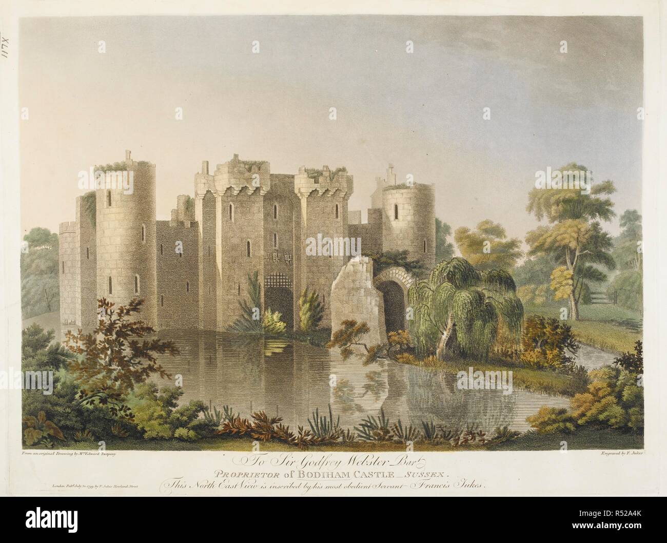 A moat, foliage and grass in the foreground; Bodiham Castle in the ...