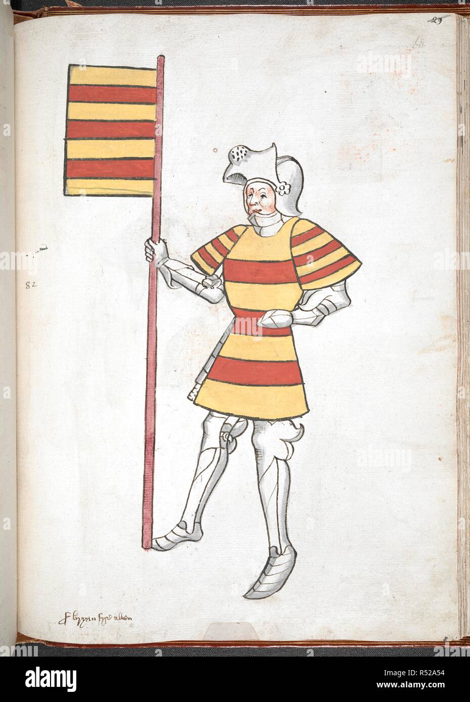 Knight, in armour and tabard, holding a sword and a standard with ...