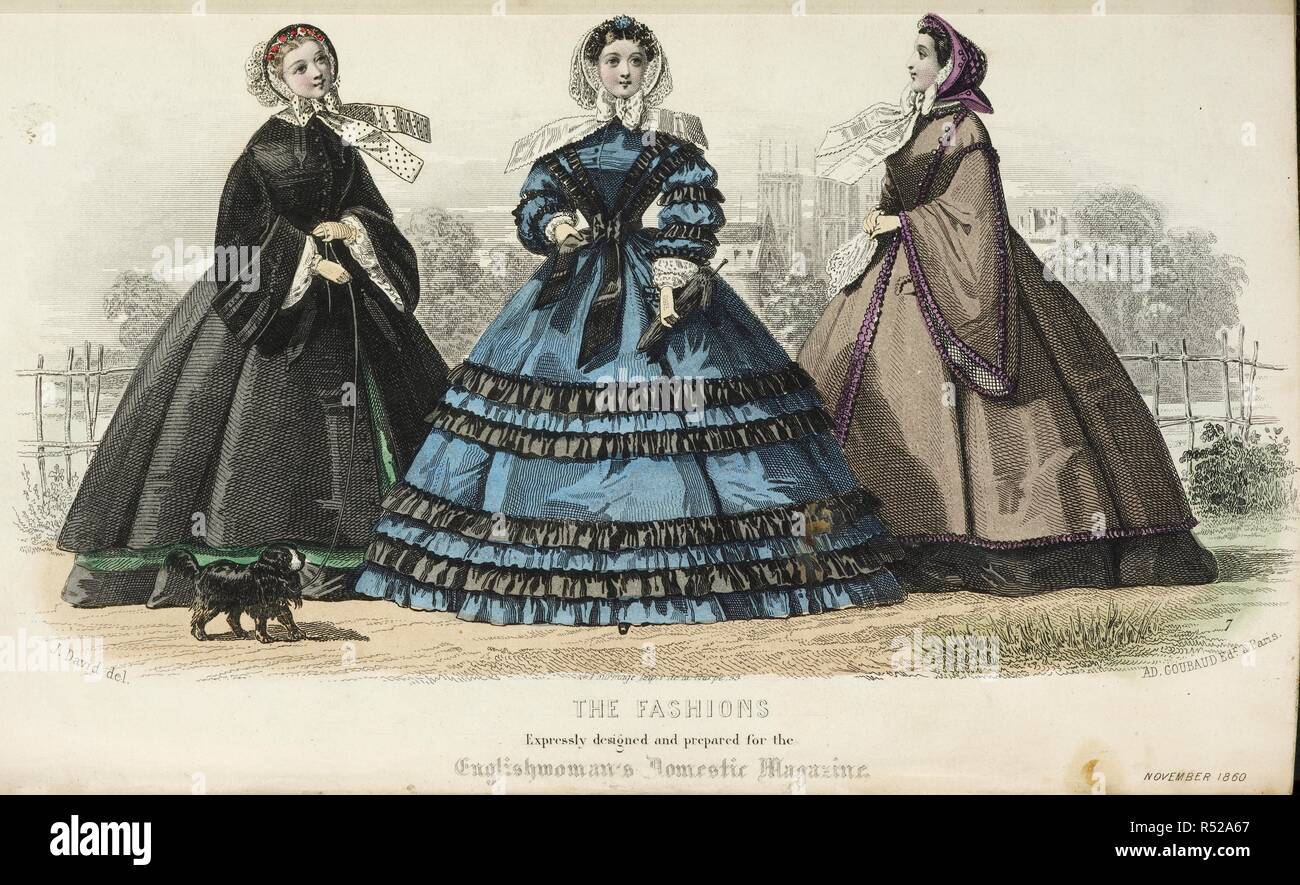 The fashions. Three women. One wearing a blue dress. Two wearing coats ...