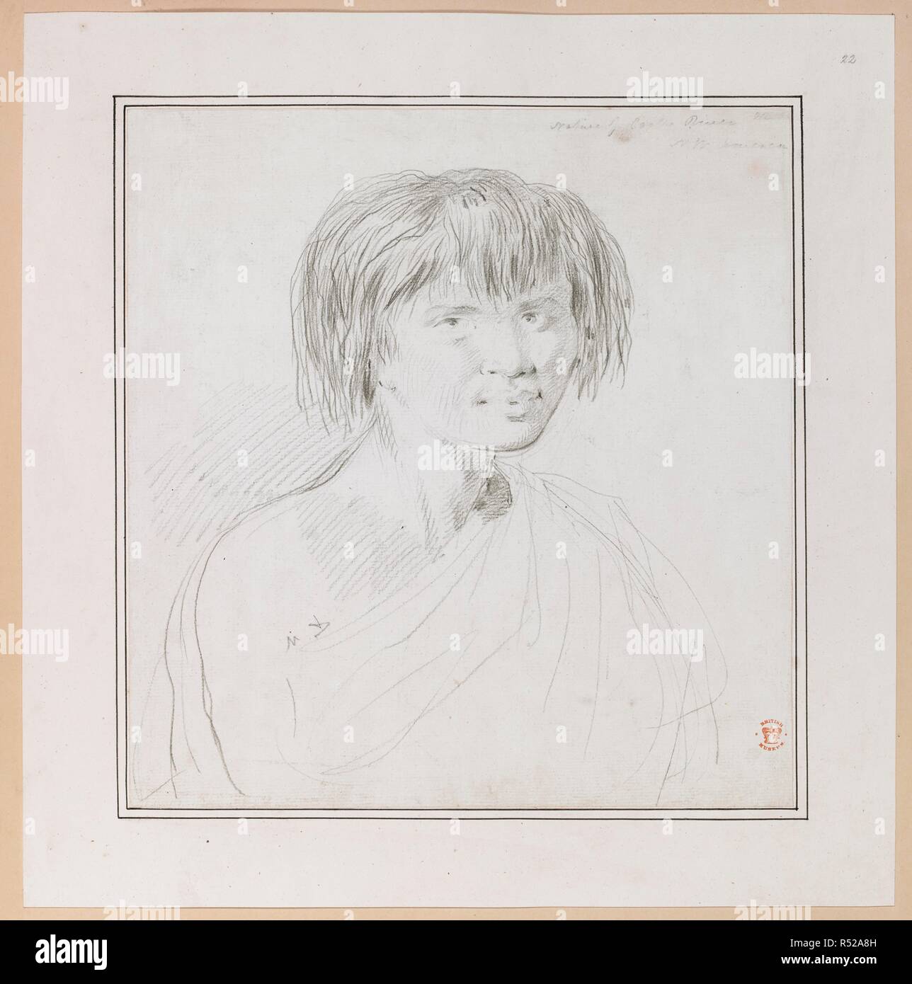 Portrait of a native man. Sketches and colored drawings made by J ...