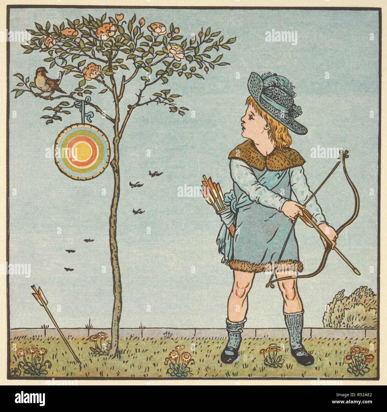 Colour illustration for 'the little cock sparrow'. A little boy with a ...