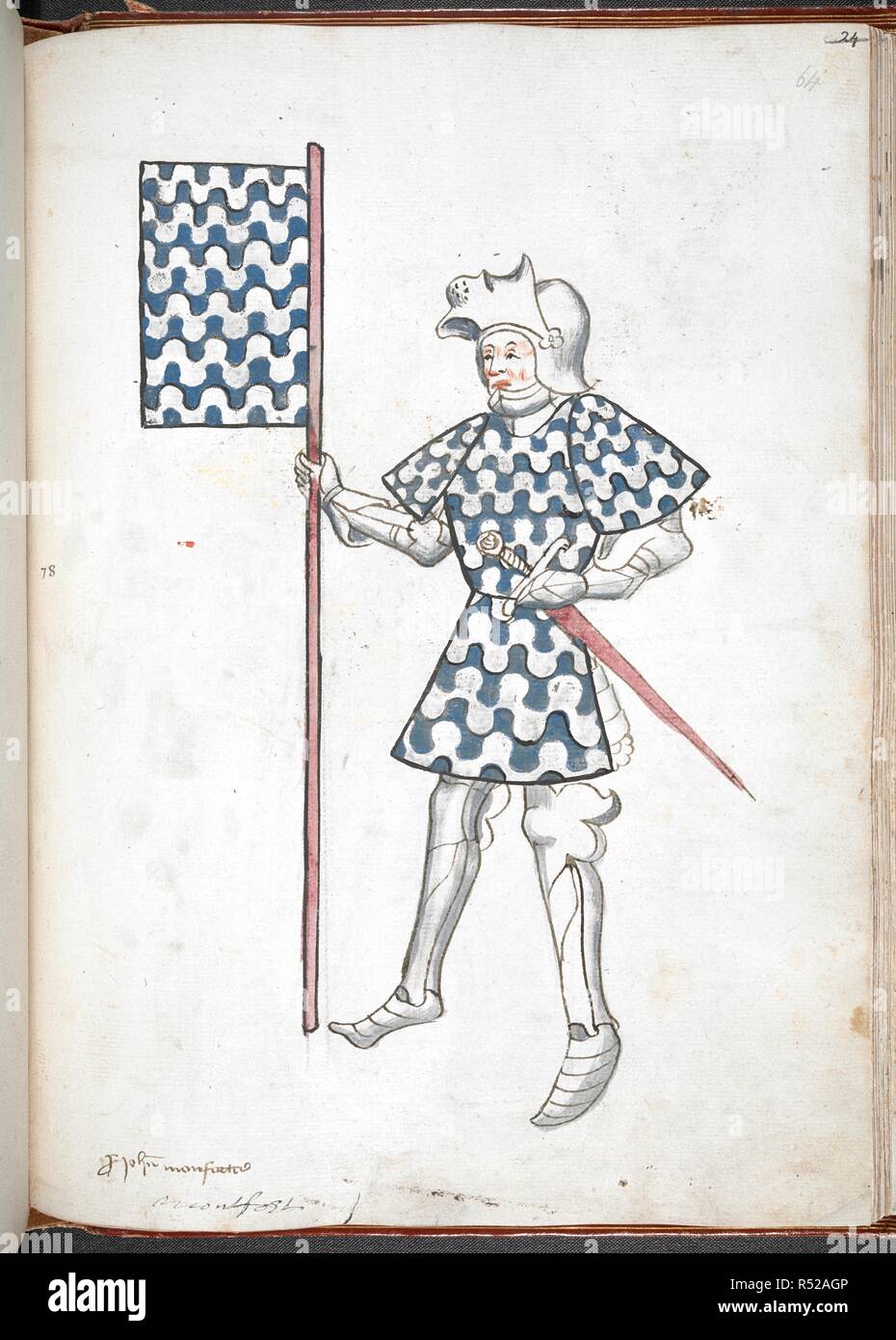 Knight, in armour and tabard, holding a sword and a standard with ...