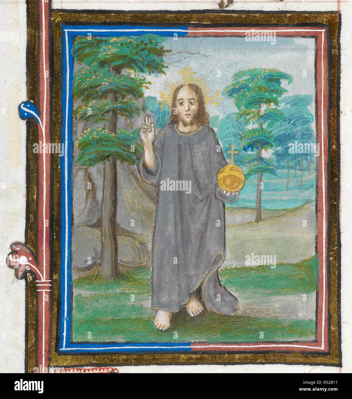 (Miniature)(Nomen Iesu.) Christ with uplifted right hand, orb and cross ...