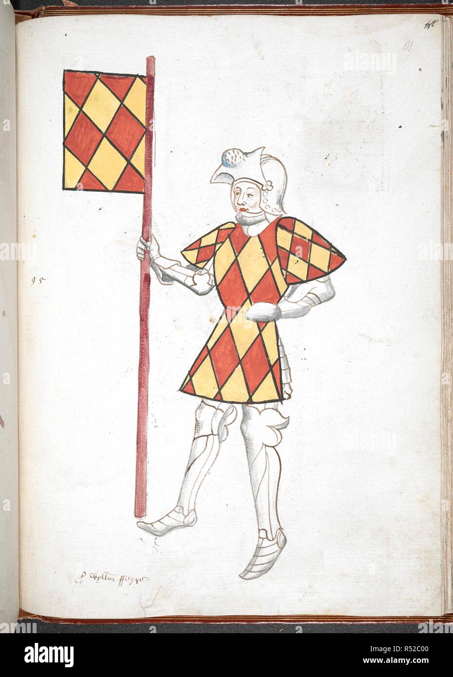 Knight, in armour and tabard, holding a sword and a standard with ...