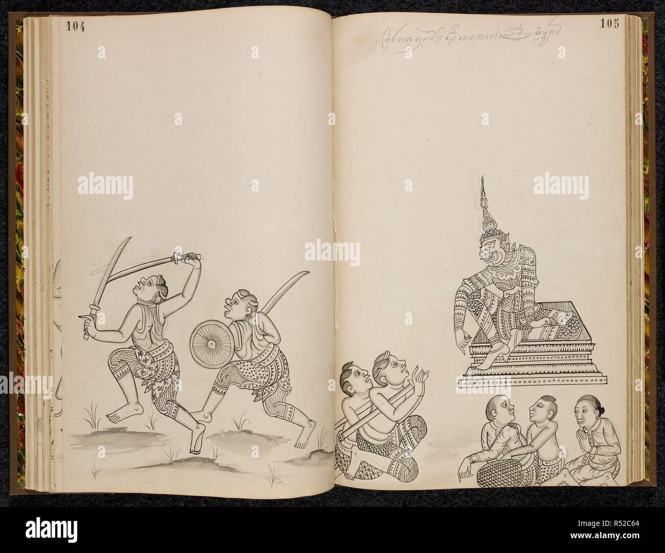 Ravana with attendants, scene from the Ramakien (Thai version of the ...