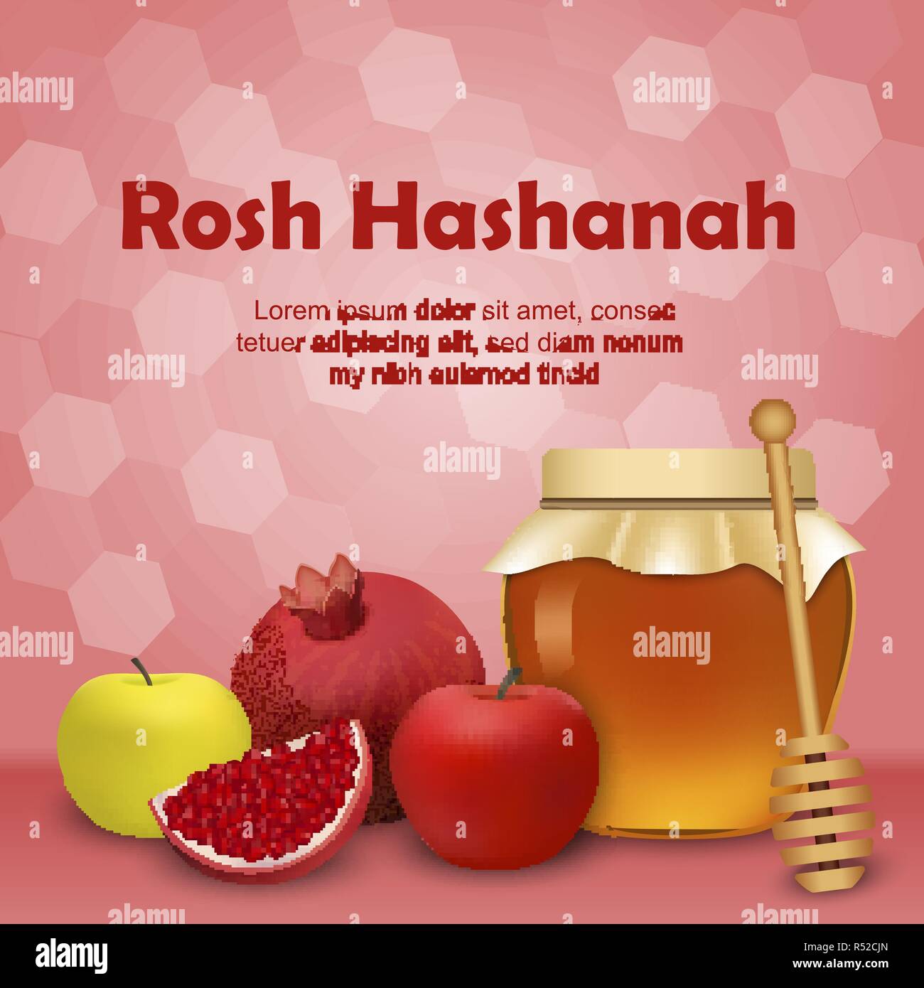Rosh hashanah honey fruits concept background. Realistic illustration ...