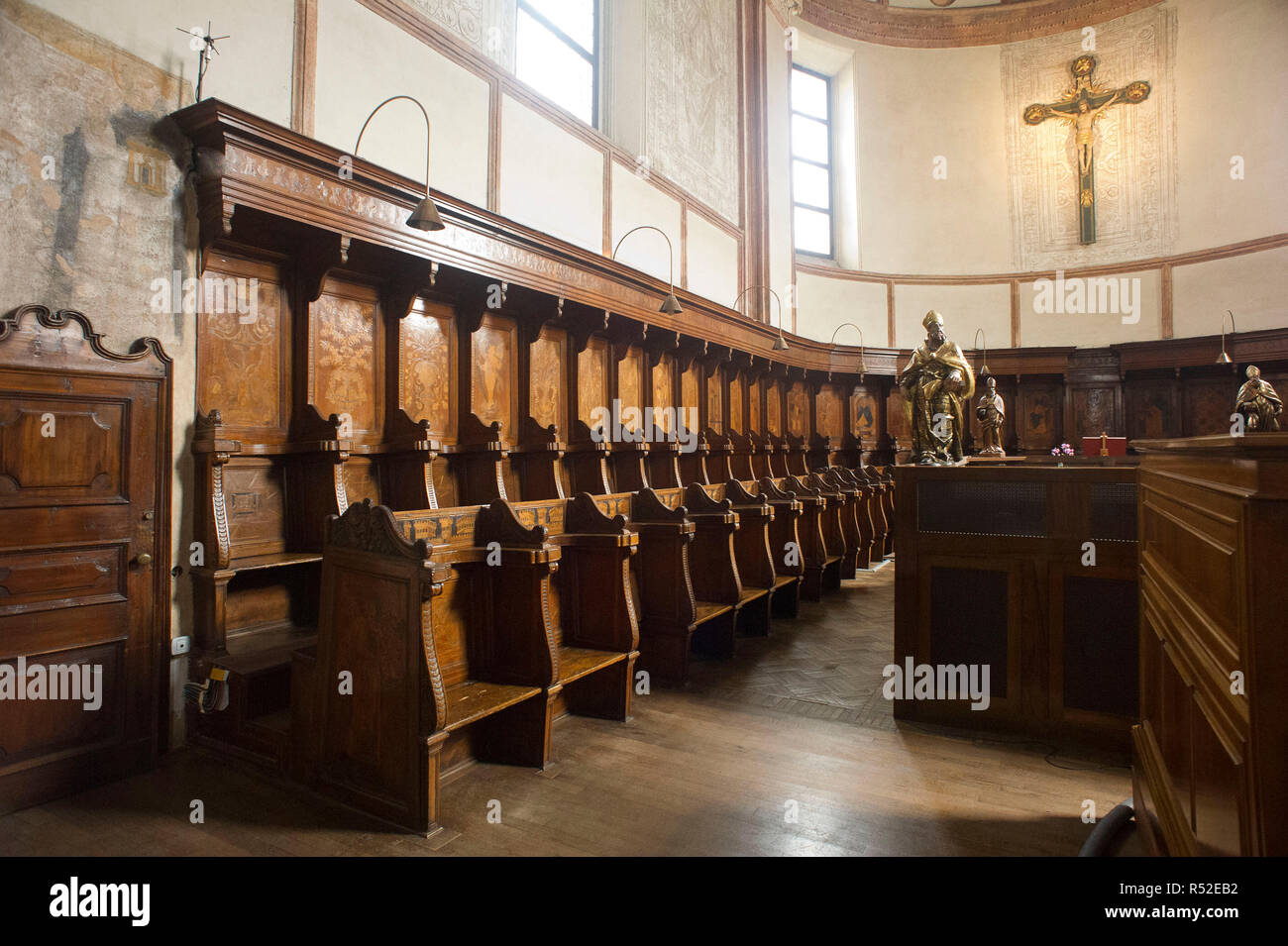 Santa Maria delle Grazie Church Our Lady of Grace, Milan, Italy, interior, indoor. Wooden soro ...