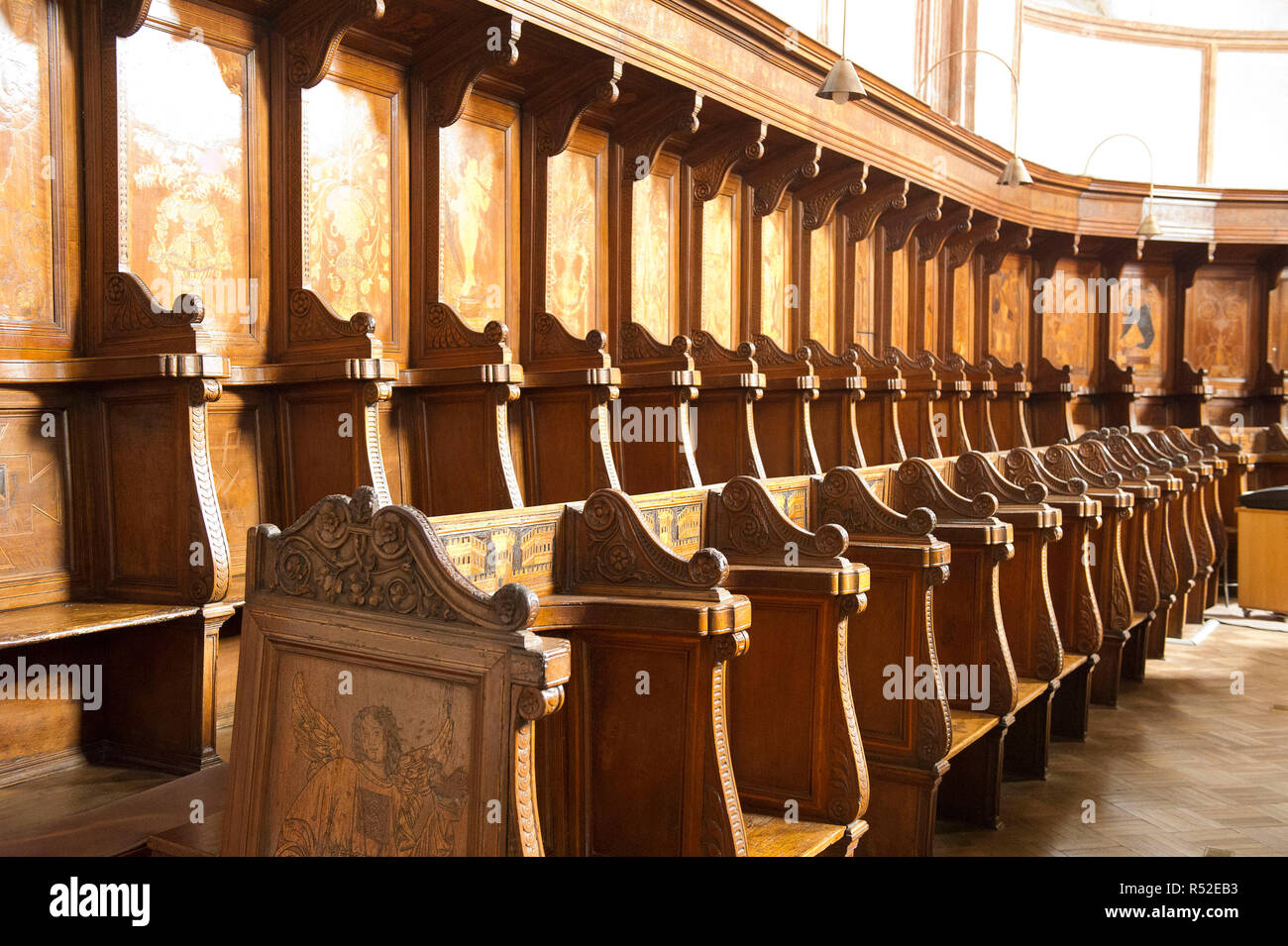Santa Maria delle Grazie Church Our Lady of Grace, Milan, Italy, interior, indoor. Wooden soro ...