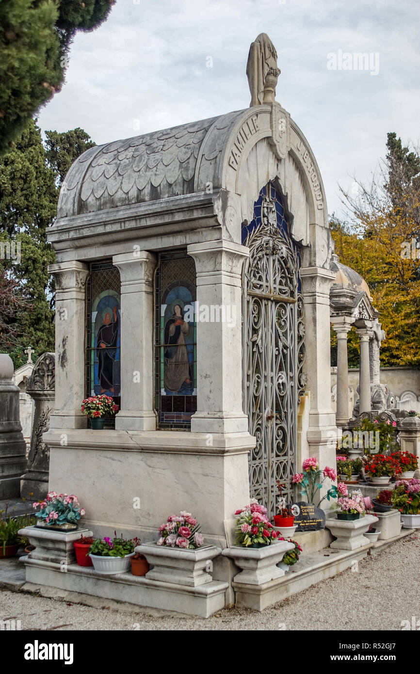 Mausoleum with flowers in cemetery in Nice France Stock Photo - Alamy