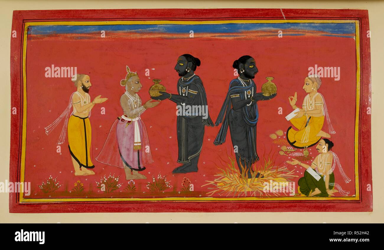 The magic food. Ramayana, Bala Kanda. Udaipur, 1712. A celestial being ...