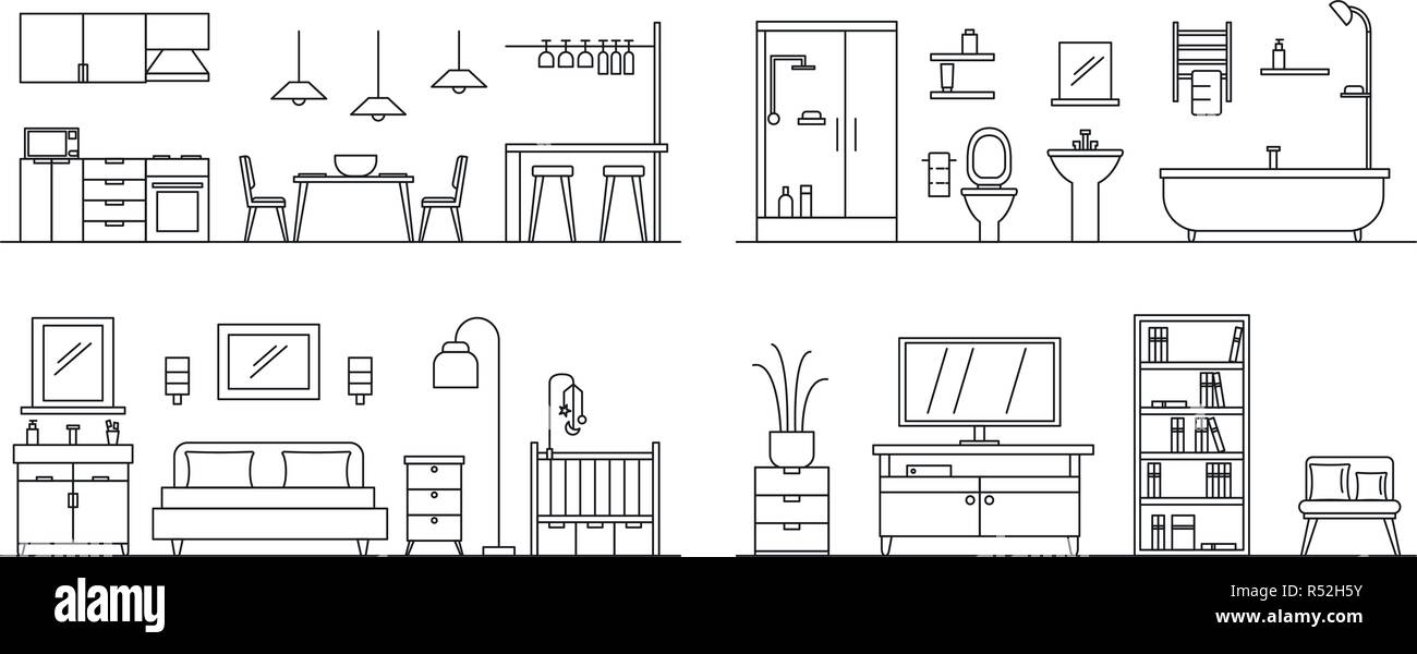 House interior banner set. Outline illustration of house interior ...