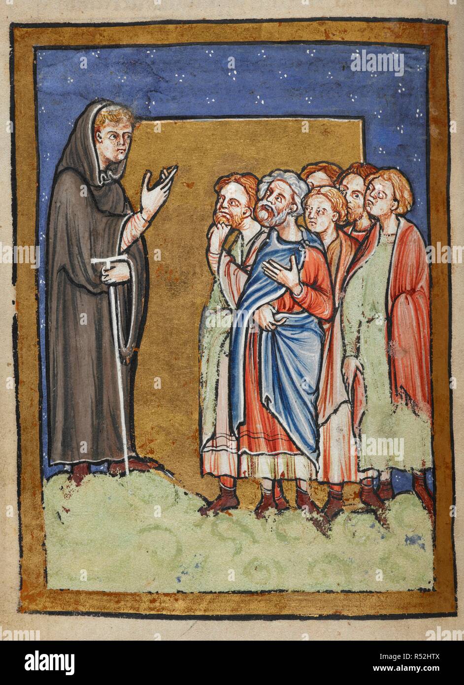 Miniature of Cuthbert preaching to gathered people from the village ...