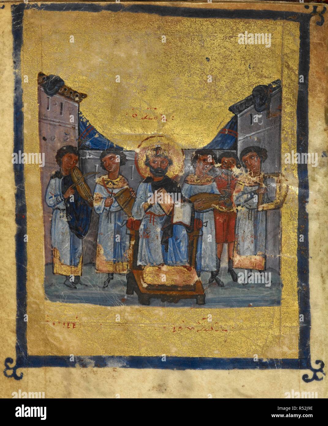 David with his musicians, the instruments include a harp, fiddle, lute ...