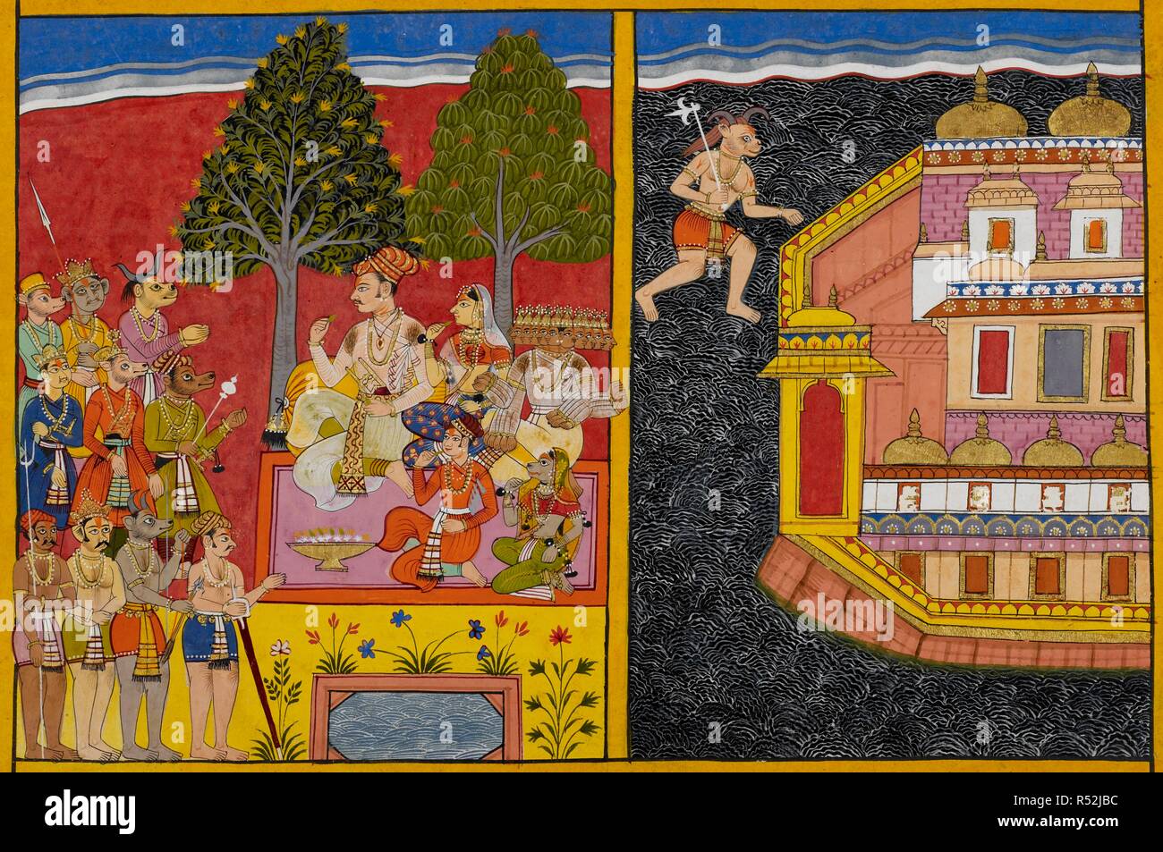 On the left, Sumali, Ravana's maternal grandfather rises from the ...