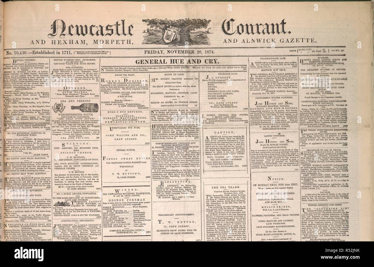 Front Page of the Newcastle Courant for 20th November 1874. The ...