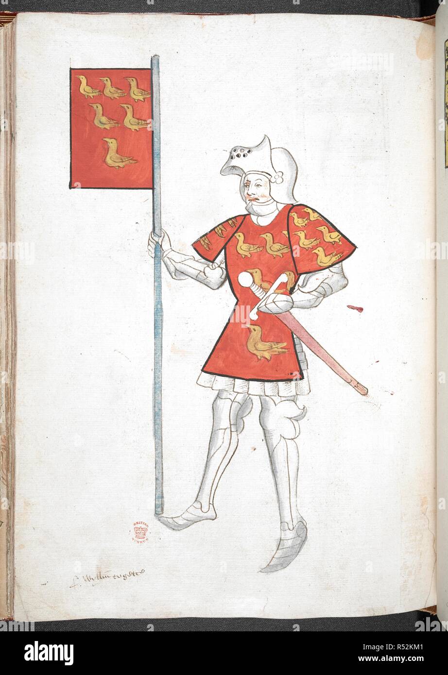 Knight, in armour and tabard, holding a sword and a standard with ...